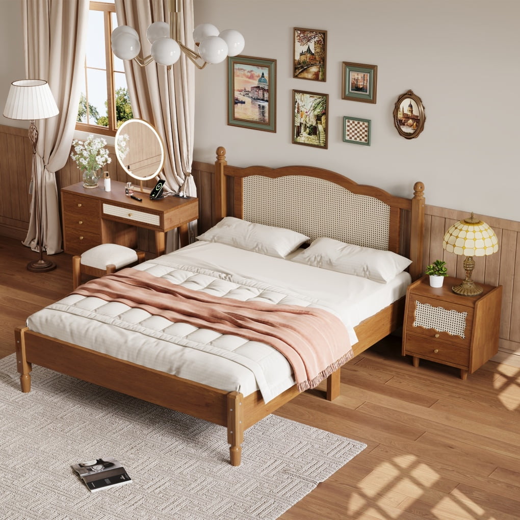 Queen Bedroom Set with Wooden Bed Frame, Nightstand & Makeup Vanity ...