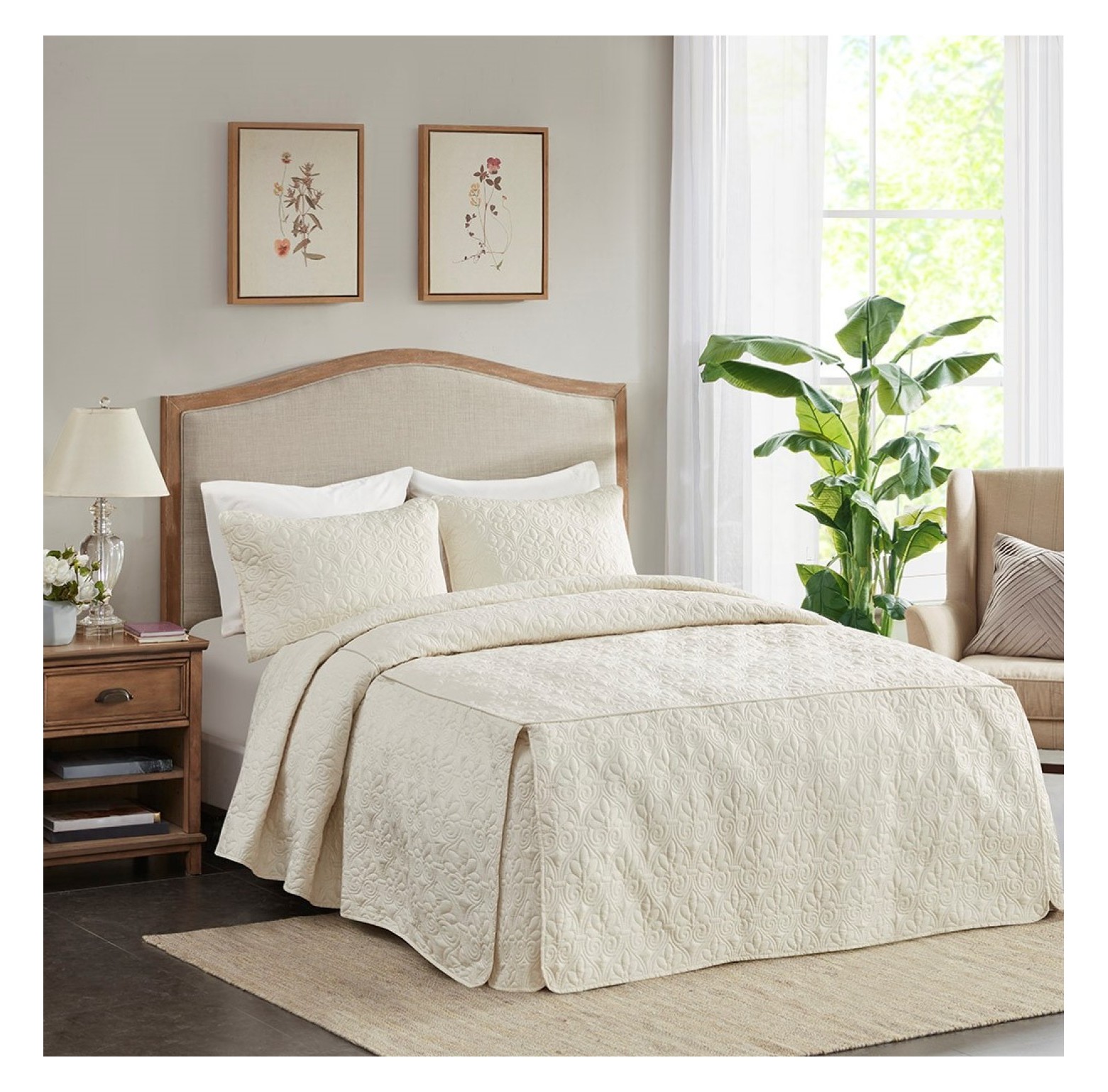 Queen Bedspread Set 3 Piece, Split Corner Quilted, Cream, Microfiber ...