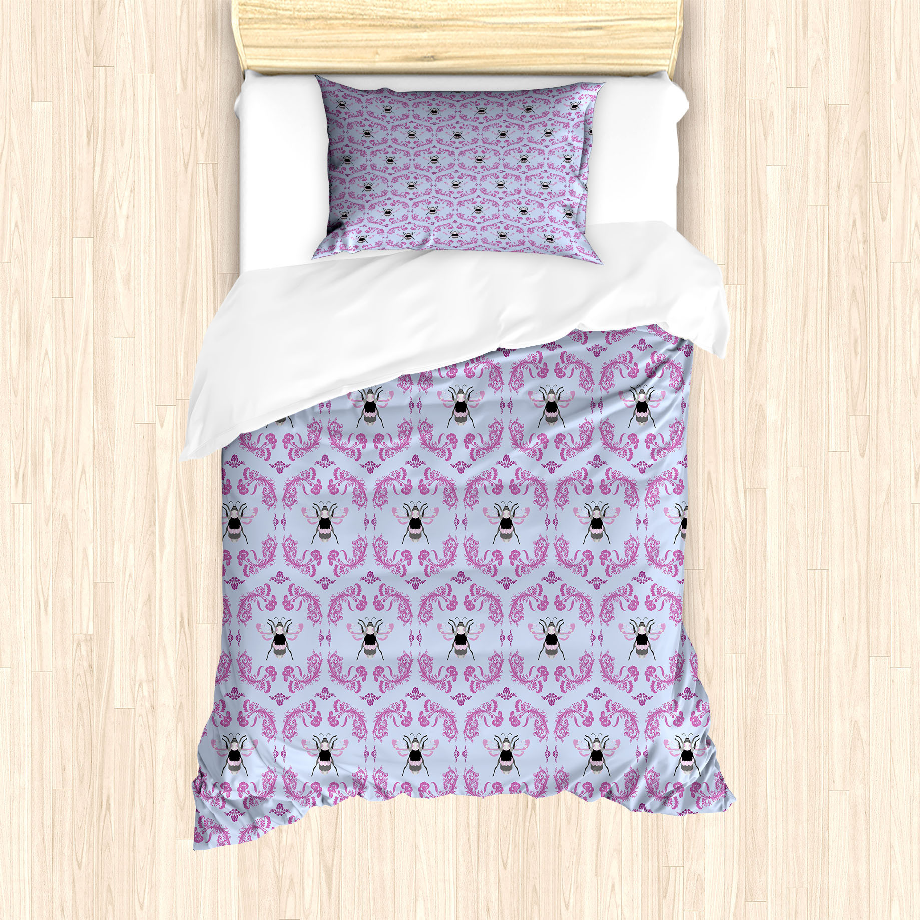 Queen Bee Duvet Cover Set, Ornamental Curves and Motifs with Insect ...