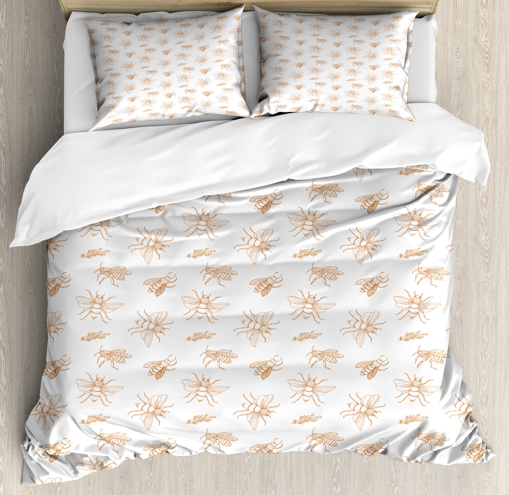 Queen Bee Duvet Cover Set, Outline Illustrations of Honey Bees Drawn by ...