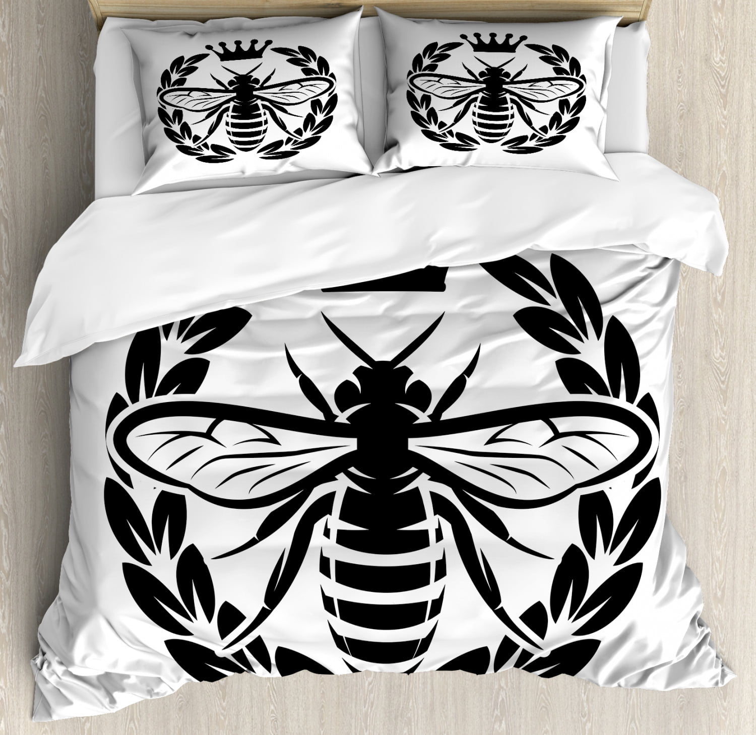 Queen Bee King Size Duvet Cover Set, Monochrome Wreath Insect and Crown ...