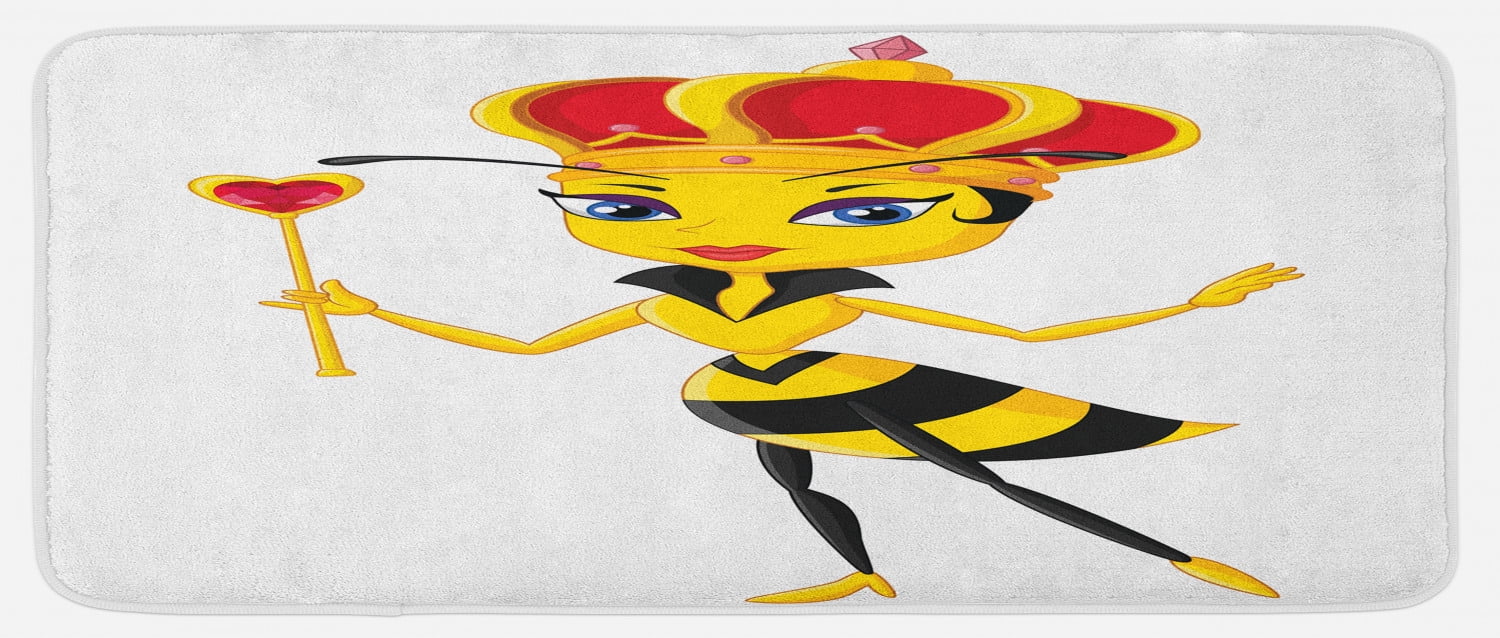 Queen Bee Kitchen Mat, Cartoon Style Crown and Wand Heart Design Insect ...