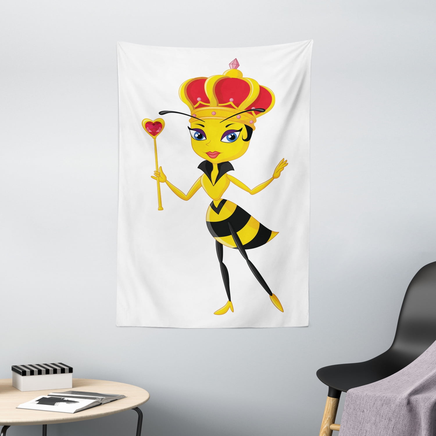 Queen Bee Tapestry, Cartoon Style Bee with Crown and Wand with Heart ...