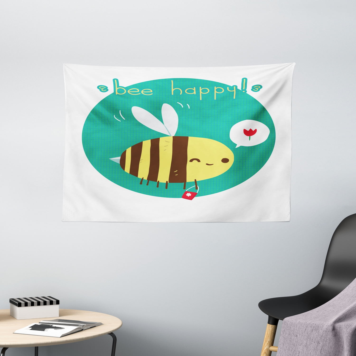 Queen Bee Tapestry, Winking Bumblebee Cartoon Doodle with Bee Happy ...