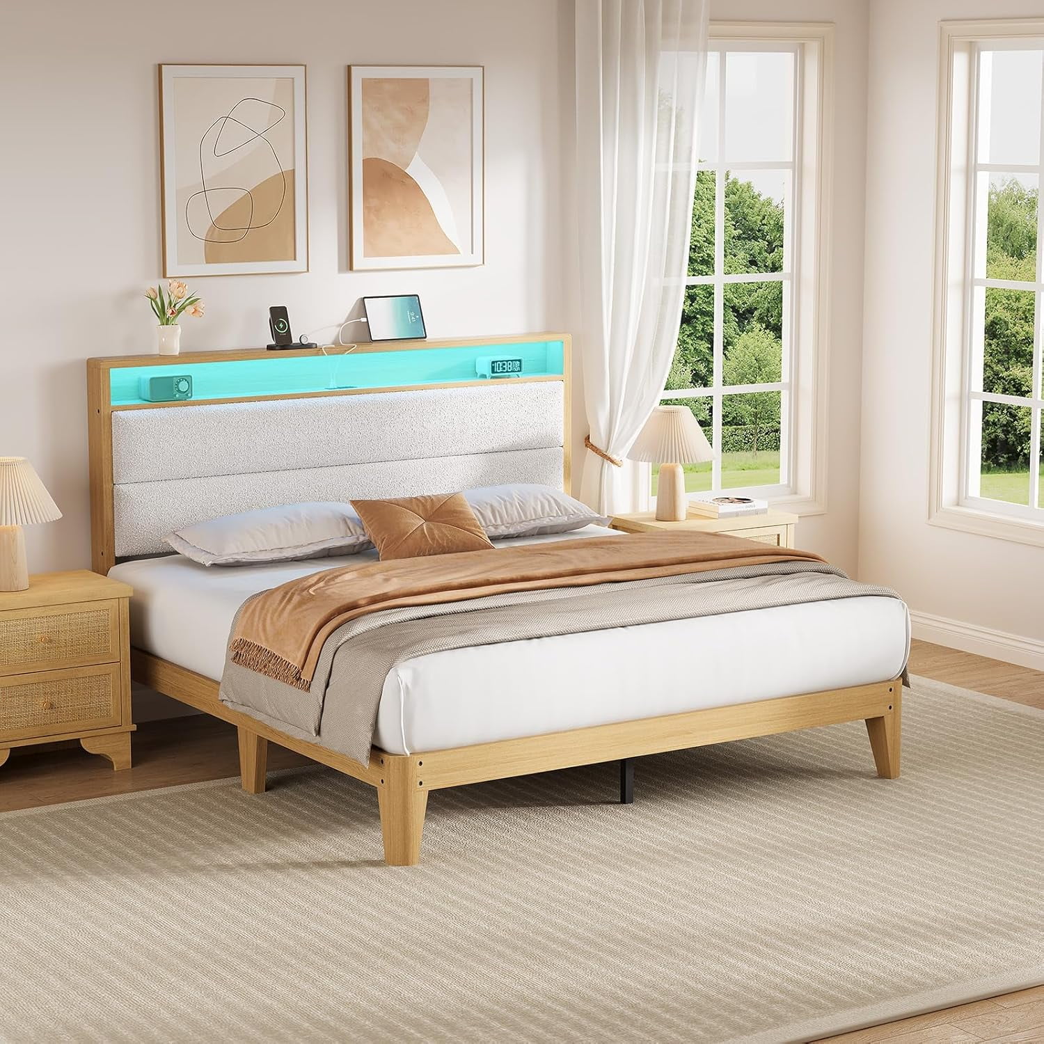 Queen Boucle Bed Frame, Bed Frame with RGB LED Light & Charging Station ...