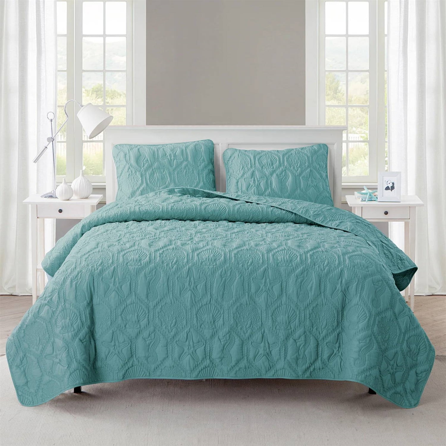 Queen Coastal Beach Starfish Seashell Seahorse Aqua Blue Teal 3-Piece ...
