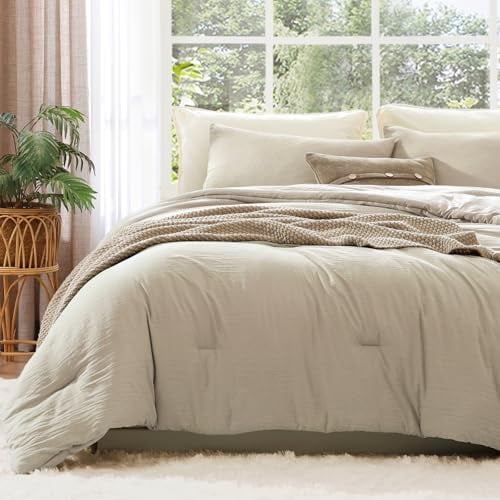 Queen Comforter Set - 3 Pieces Prewashed Light Oatmeal Comforter Soft ...