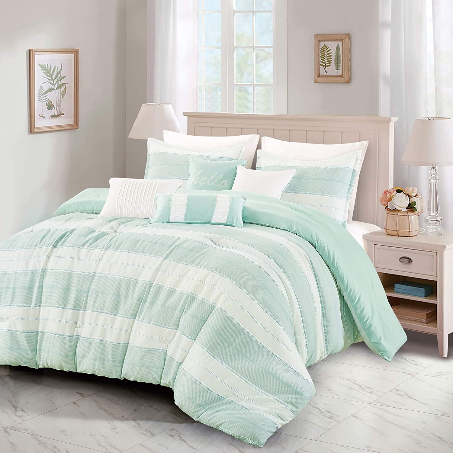Hydi 7 Piece Queen Comforter Set Stripes Cotton Blend Beige Aqua Mint Lightweight Walmart