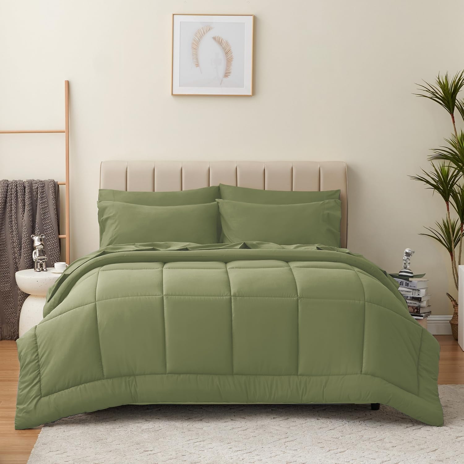 Queen Comforter Set - 7 Pieces Bed in a Bag Set Olive Green, Bedding ...