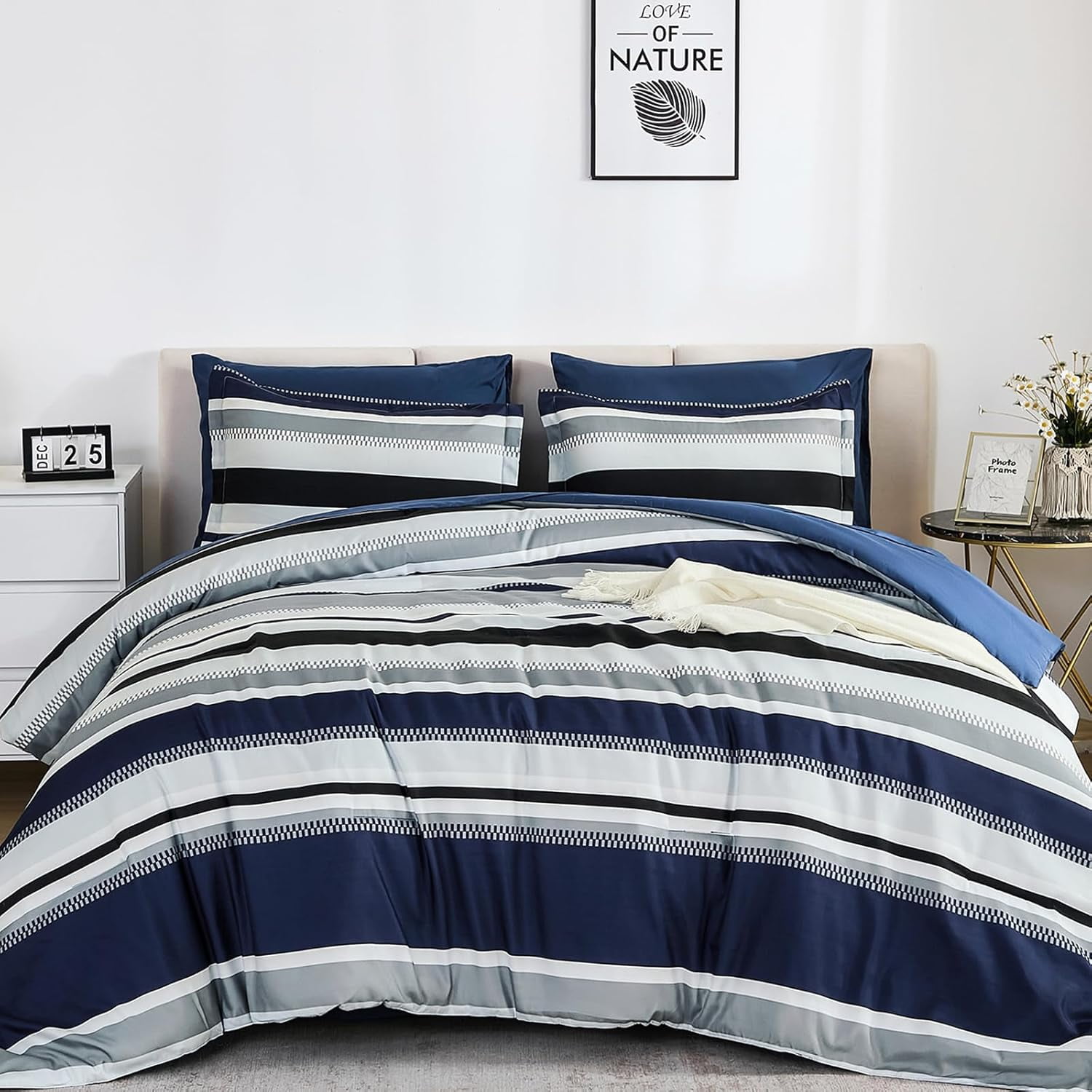 Queen Comforter Set, 7 Pieces Blue Comforter Set Queen, Soft Striped ...