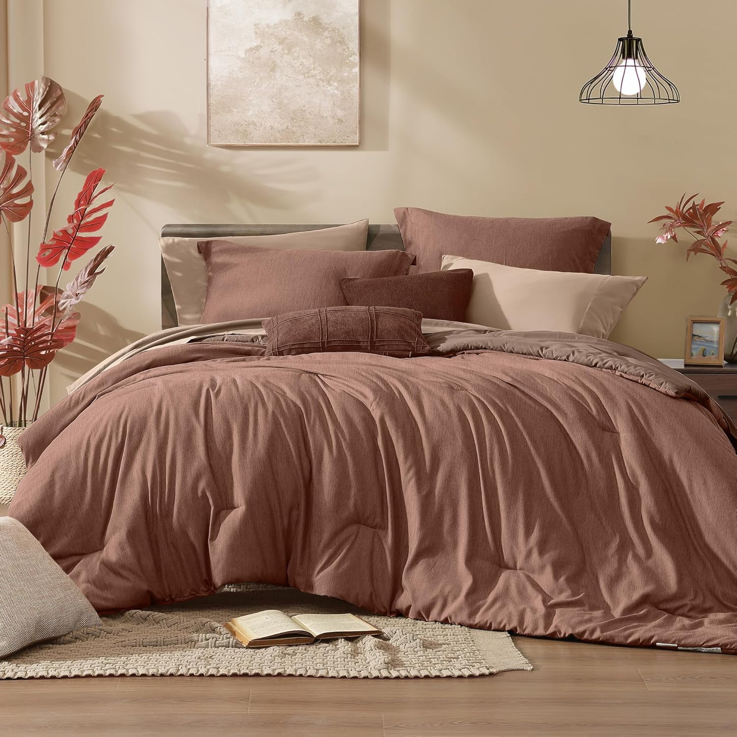 Queen Comforter Set - 7 Pieces Cationic Dyeing Terracotta Bed in a Bag ...