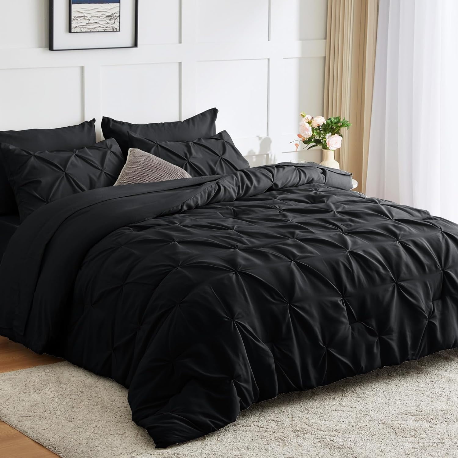 Queen Comforter Set - 7 Pieces Comforters Queen Size Black, Pintuck Bed ...