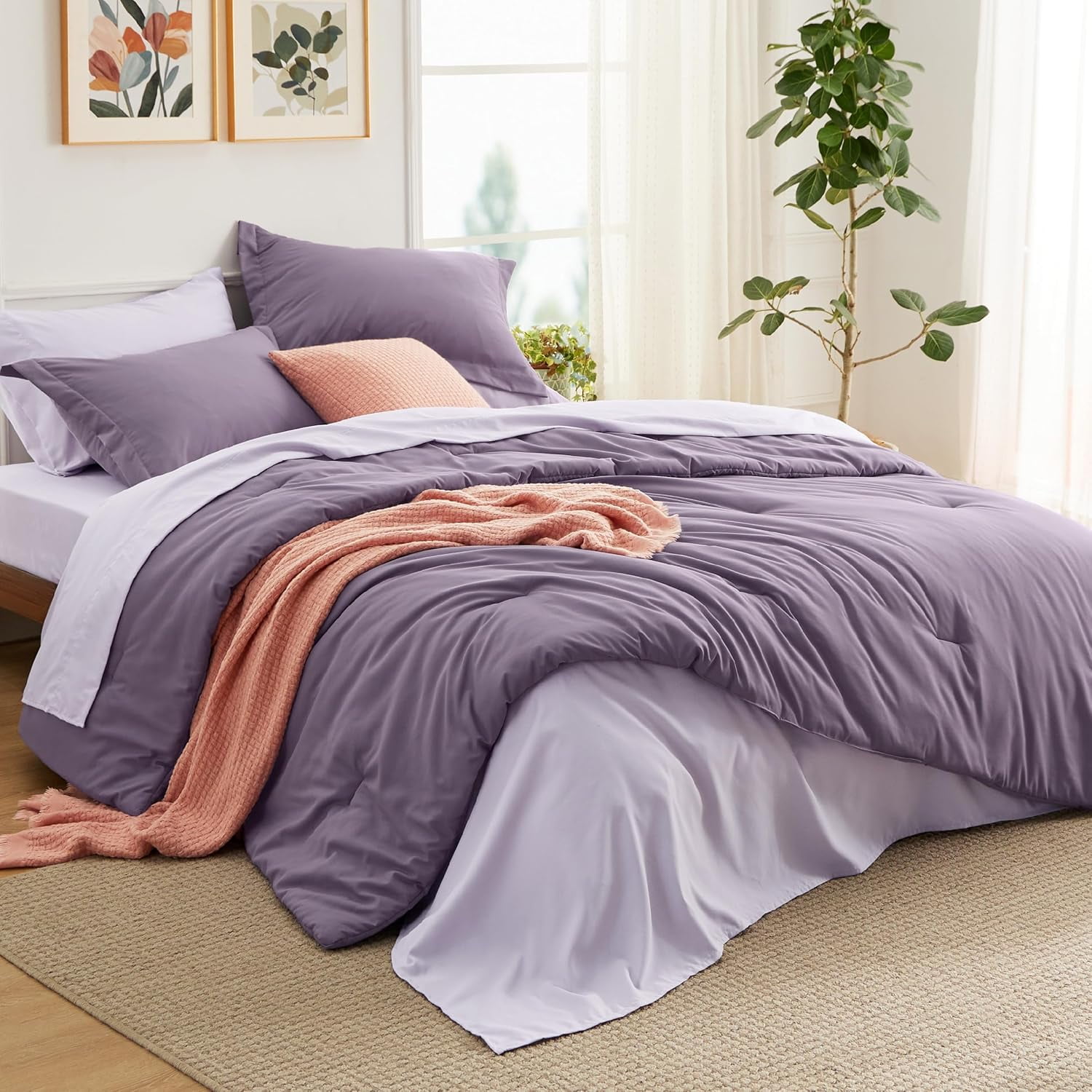 Queen Comforter Set - 7 Pieces Grayish Purple Queen Bedding Set for All ...