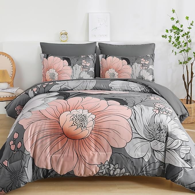 Queen Comforter Set 7 Pieces Grey Floral Comforter Set Queen Size Bed ...