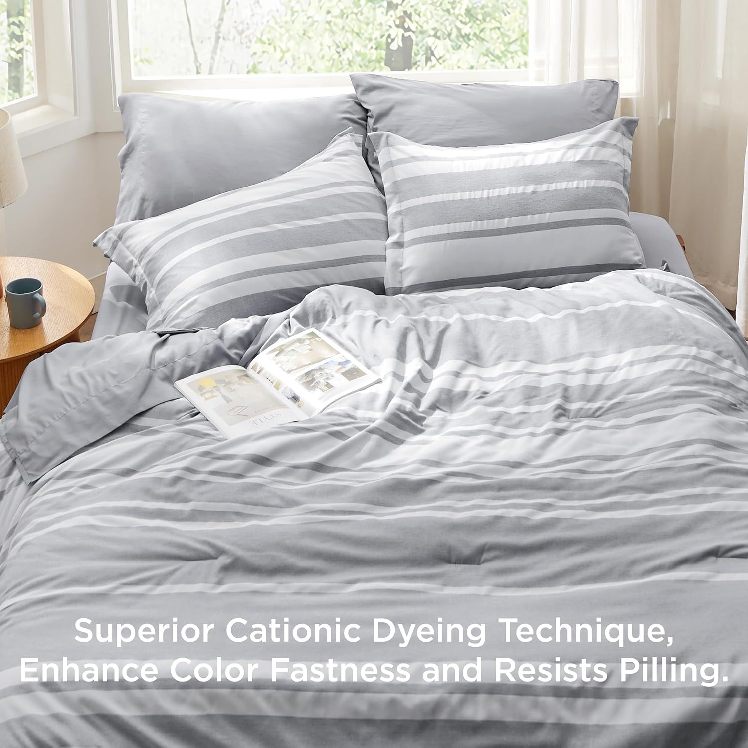 Queen Comforter Set 7 Pieces, Grey Striped Bedding Set for All Seasons ...
