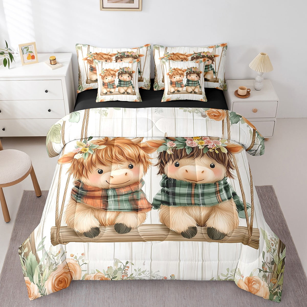 Queen Comforter Set,7 Pieces Highland Cow Bedding Sets Queen Bed in a Bag with Reversible ...