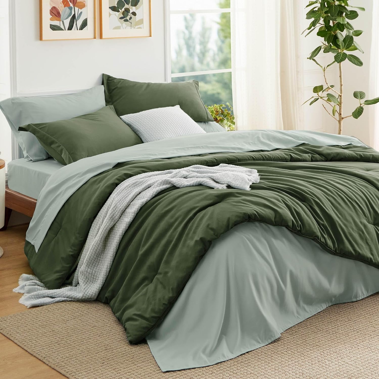 Queen Comforter Set - 7 Pieces Olive Green Queen Bedding Set for All ...