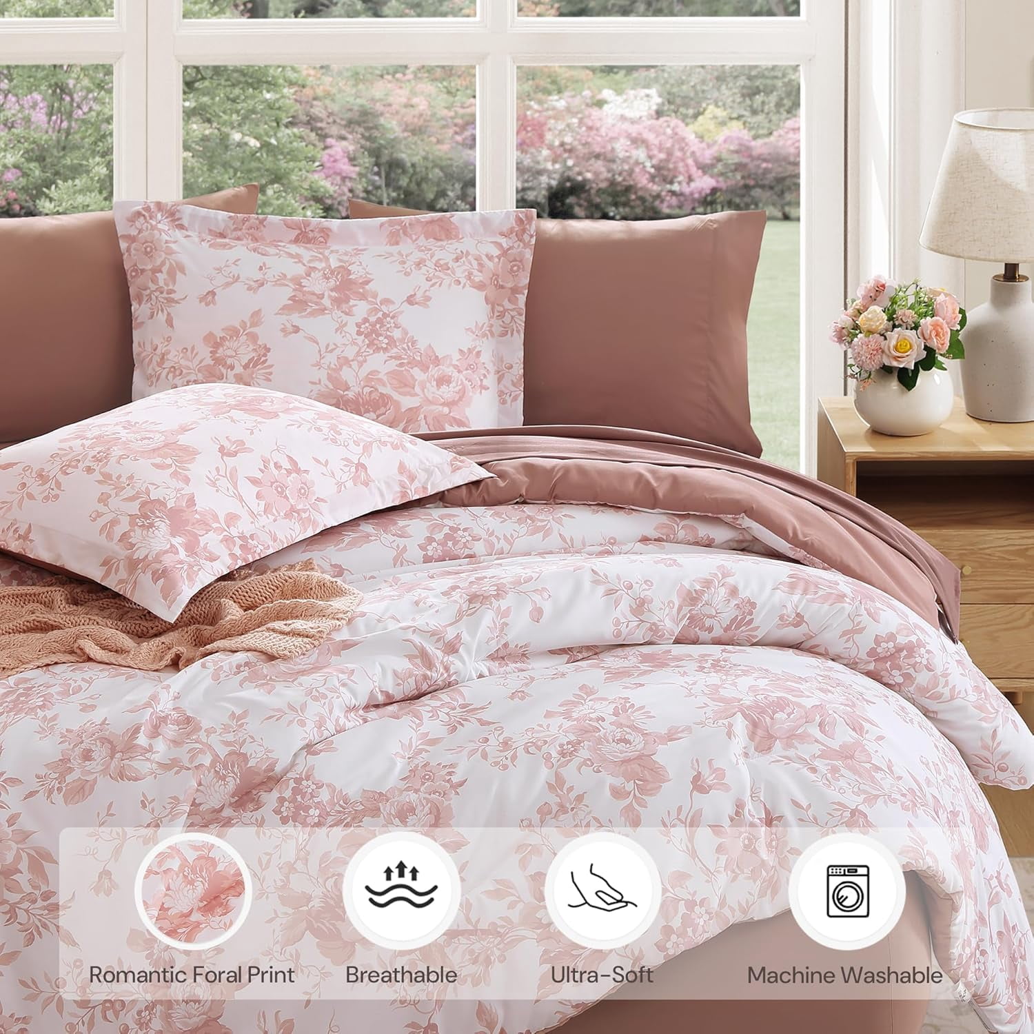 Queen Comforter Set - 7 Pieces Pink Floral Comforter Set for All ...