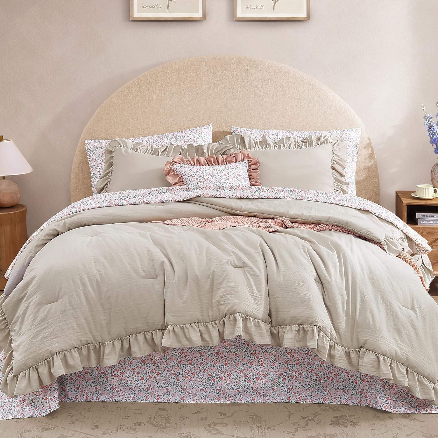 Queen Comforter Set - 7 Pieces Ruffle Beige Bedding Sets, Shabby Chic ...