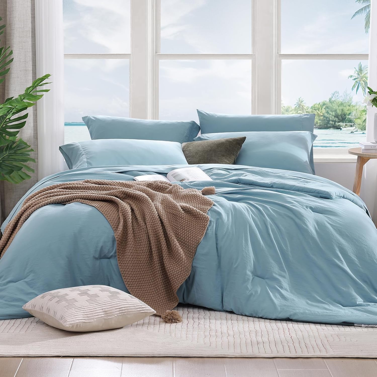 Queen Comforter Set, 7 Pieces Soft Blue Bed in a Bag Queen with Fitted ...