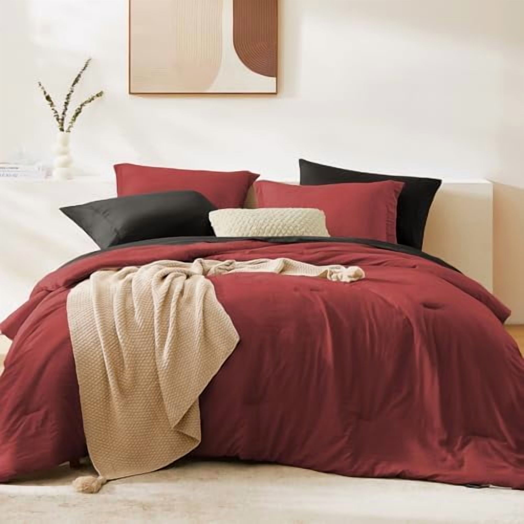 Queen Comforter Set- 7 Pieces Soft Bright Red Bed in a Bag with Fitted ...