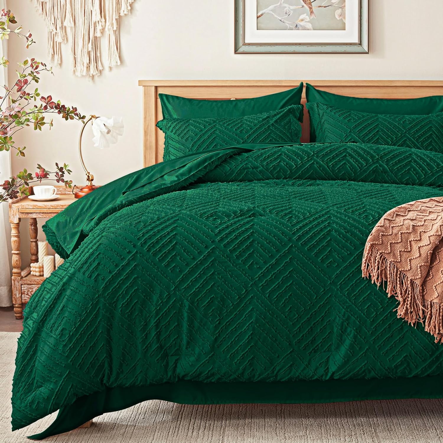 Queen Comforter Set 7 pieces, Emerald Green Tufted Bed in a Bag with ...