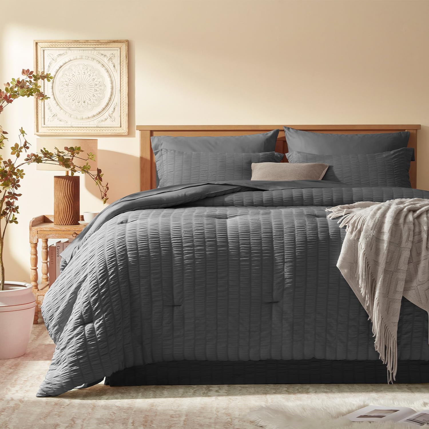 Queen Comforter Set 8 Pieces, Seersucker Bed in a Bag Queen, Dark Grey ...