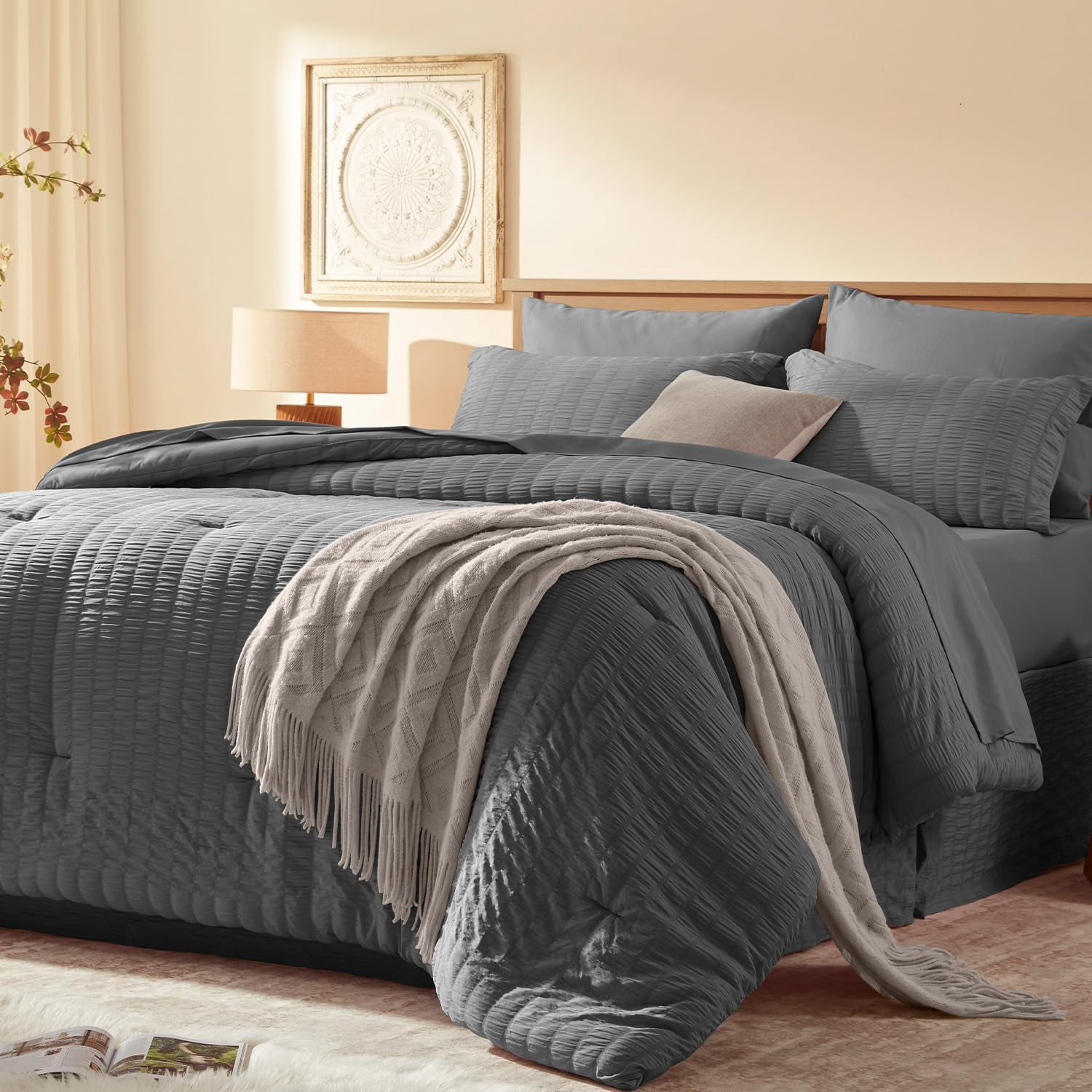Queen Comforter Set 8 Pieces, Seersucker Bed in a Bag Queen, Dark Grey ...
