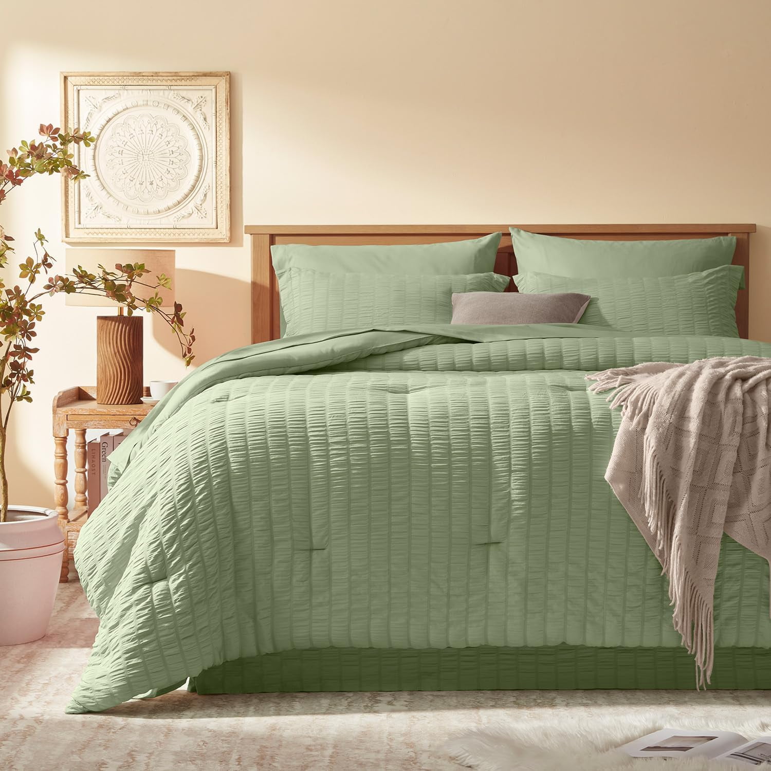 Queen Comforter Set 8 Pieces, Seersucker Bed in a Bag Queen, Dark Grey ...