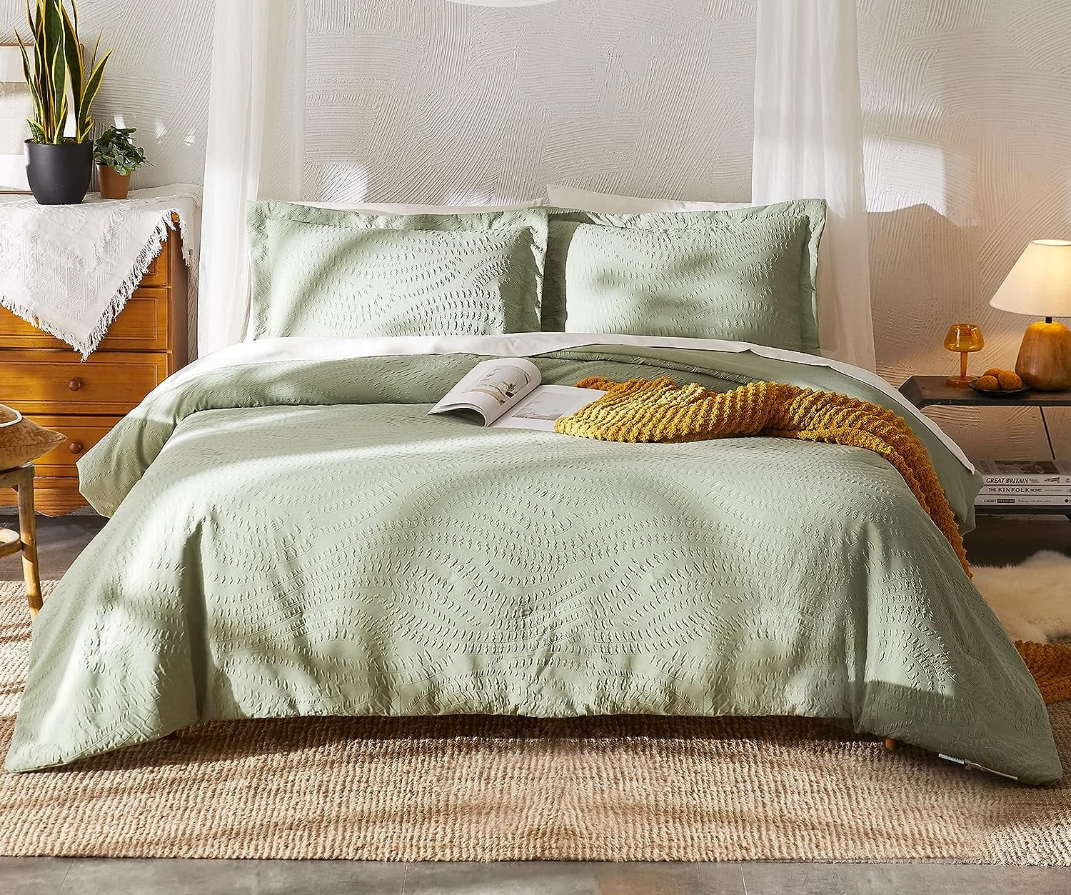 Queen Comforter Set, Bed in a Bag Sage Green 7-Pieces, Botanical ...