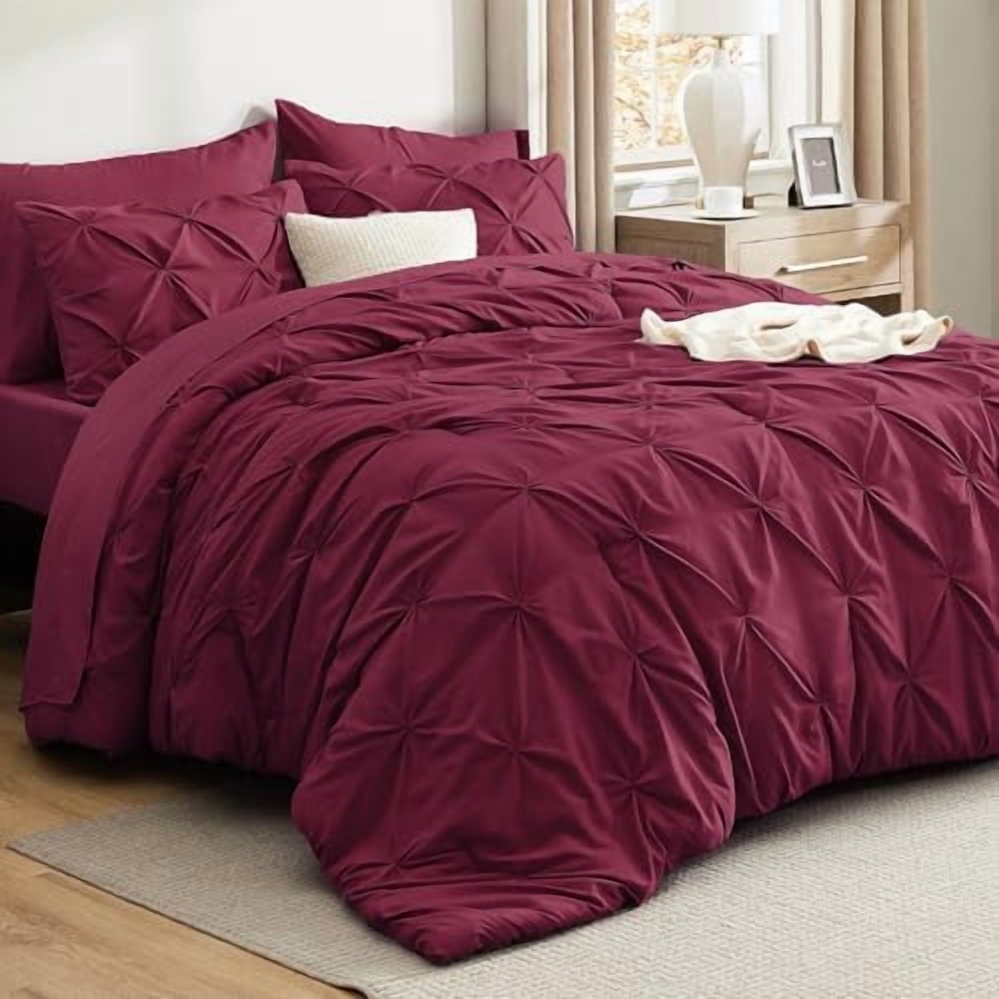 Queen Comforter Set Burgundy - Bed in a Bag Queen Size Bedding 7 Pieces ...