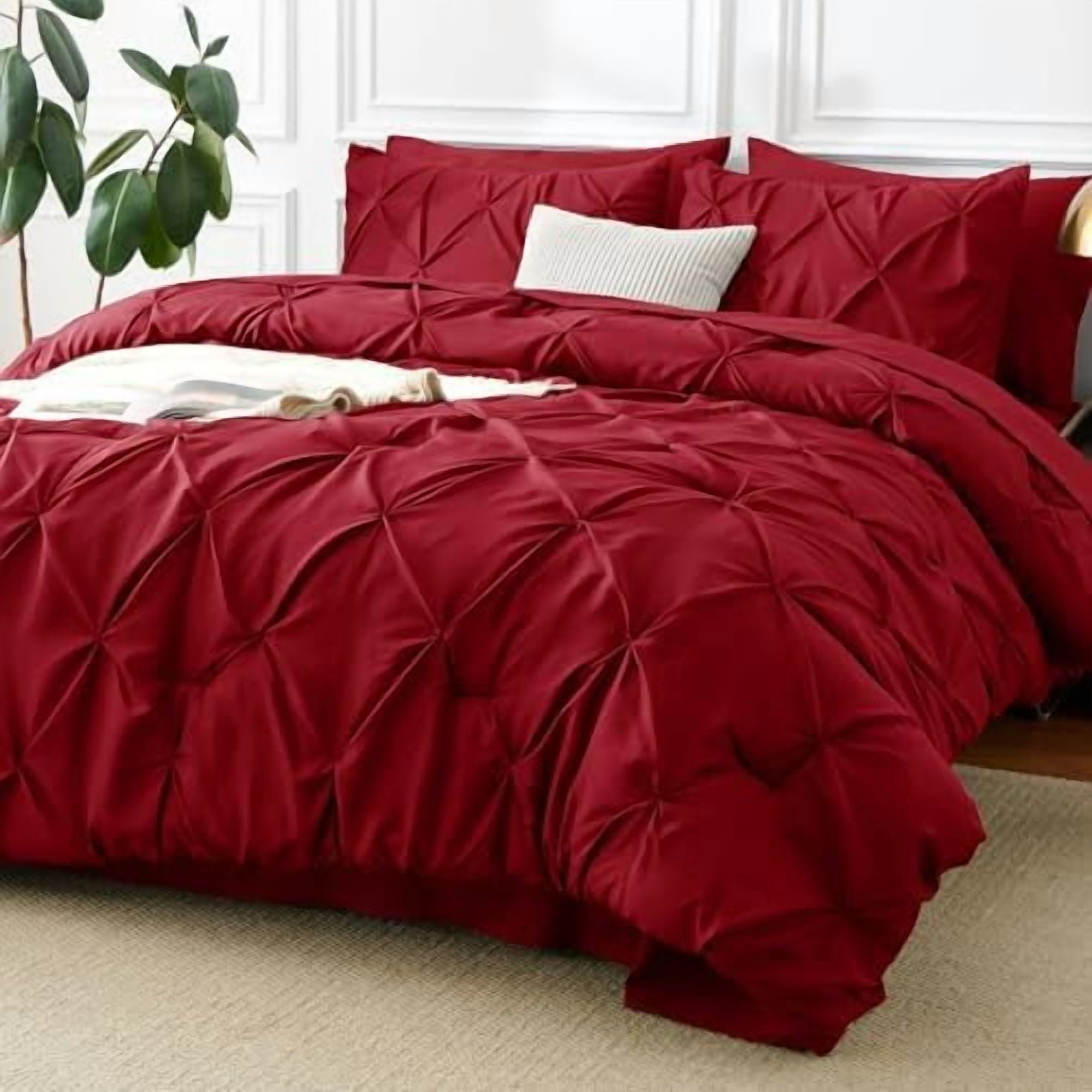 Queen Comforter Set Dark Red, 7 Pieces Pintuck Bed in A Bag, Premium ...