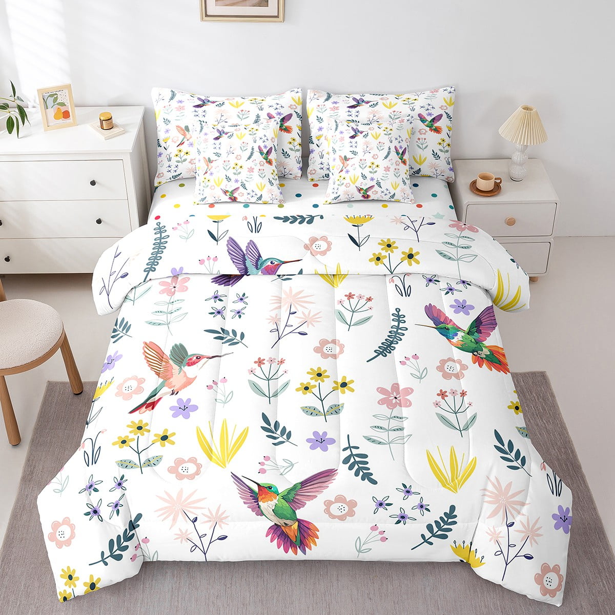 Queen Comforter Set,7 Pieces Floral Hummingbird Bedding Sets Queen Bed ...