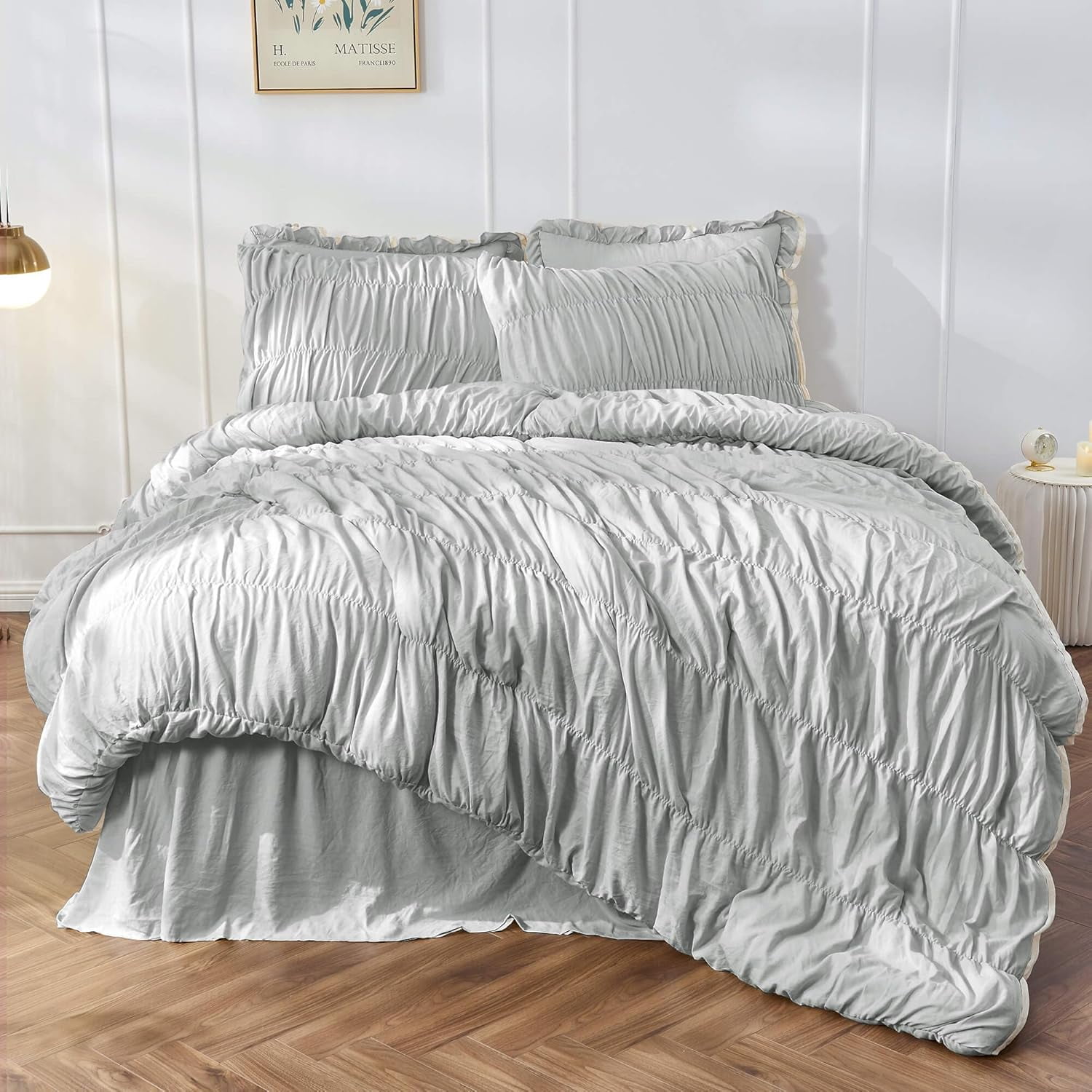 Queen Comforter Set Light Grey Bedding - Ruched Comforter Queen Size ...