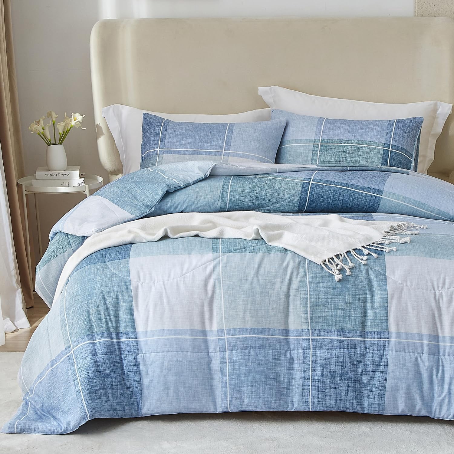 Queen Comforter Set Lightweight Modern Style Blue Buffalo Checkered ...