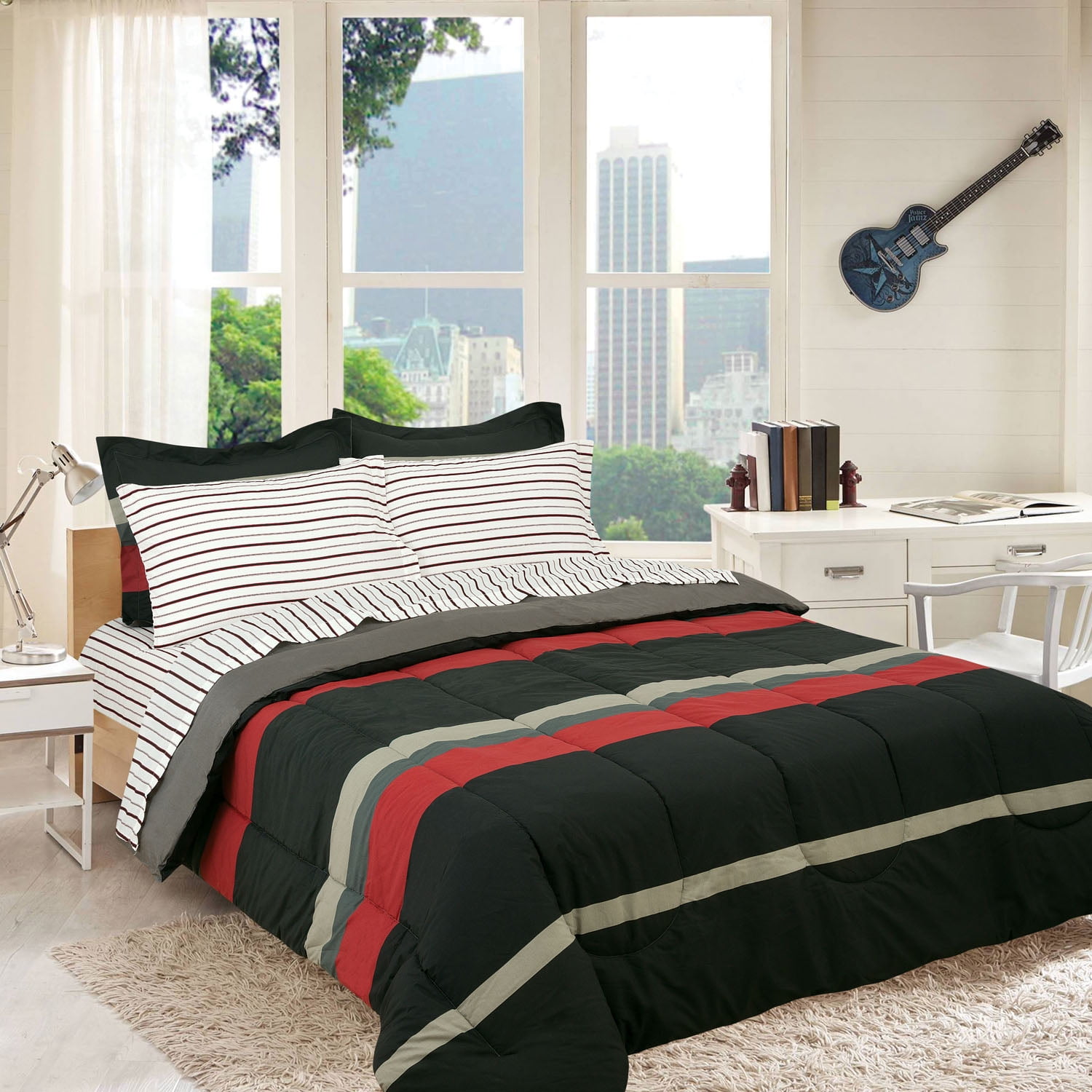 Reversible Rugby Stripe Red and Grey Queen Comforter Set, Bed in a Bag ...