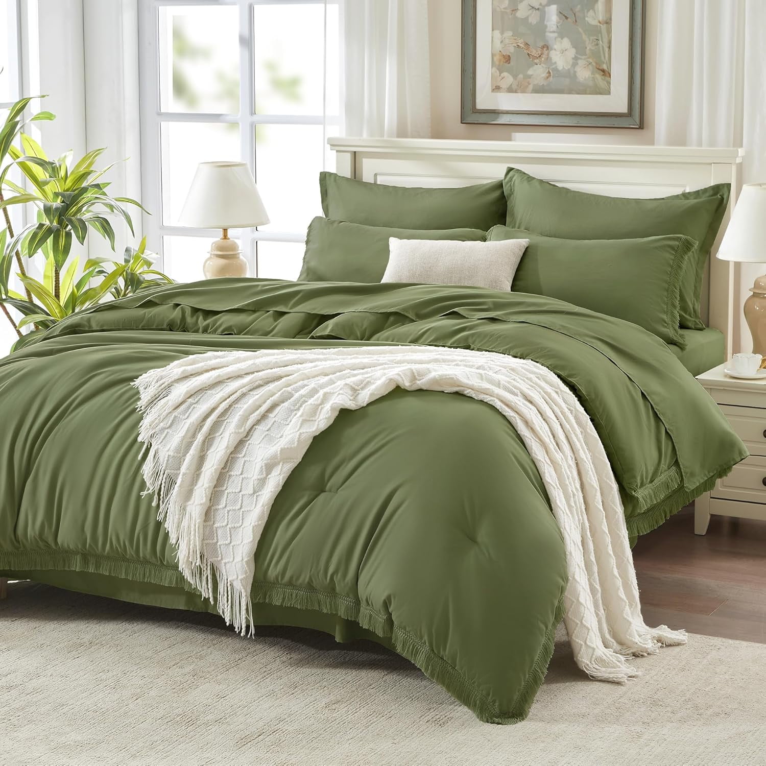 Queen Comforter Set with Sheets Olive Green -7 Pieces Bed in a Bag Boho ...