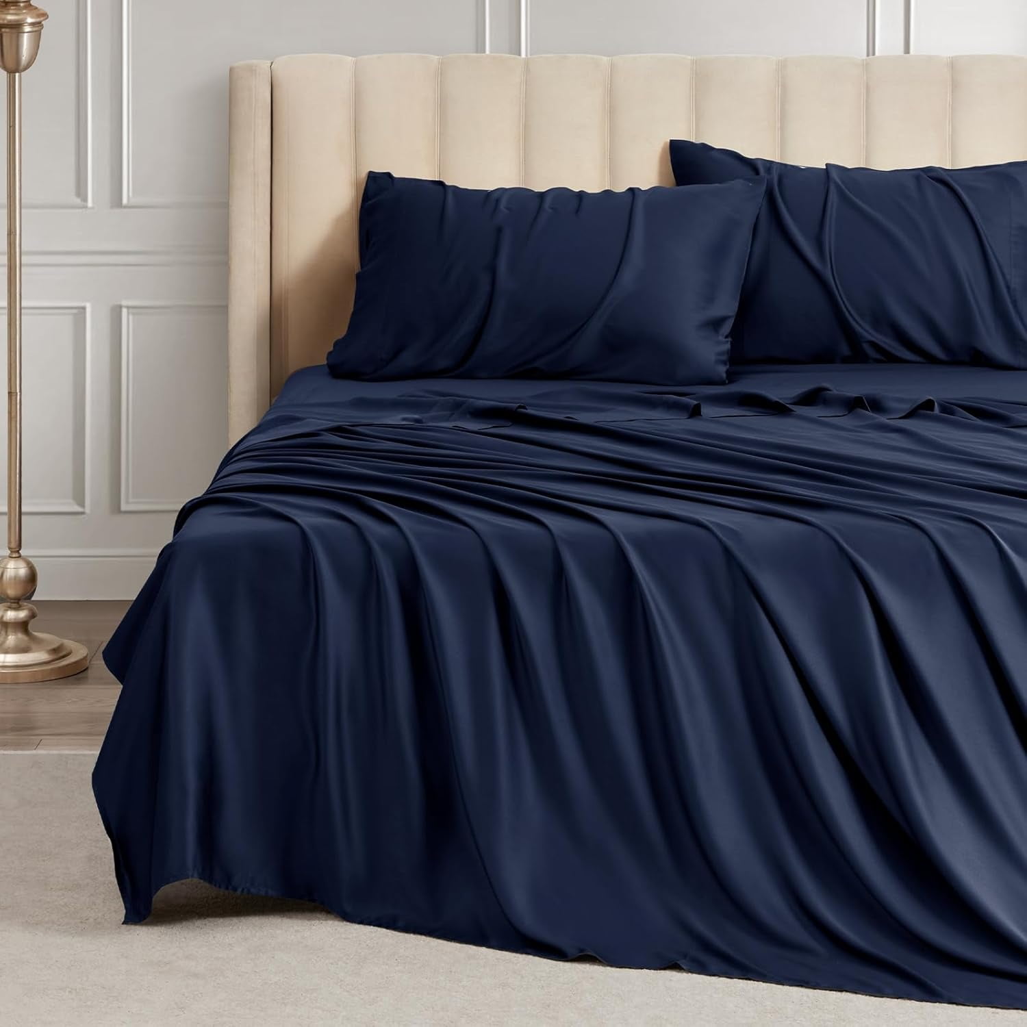 Queen Cooling Sheets Set COMFLIVE 4PC Rayon Cool Fiber Deep Pocket Navy ...