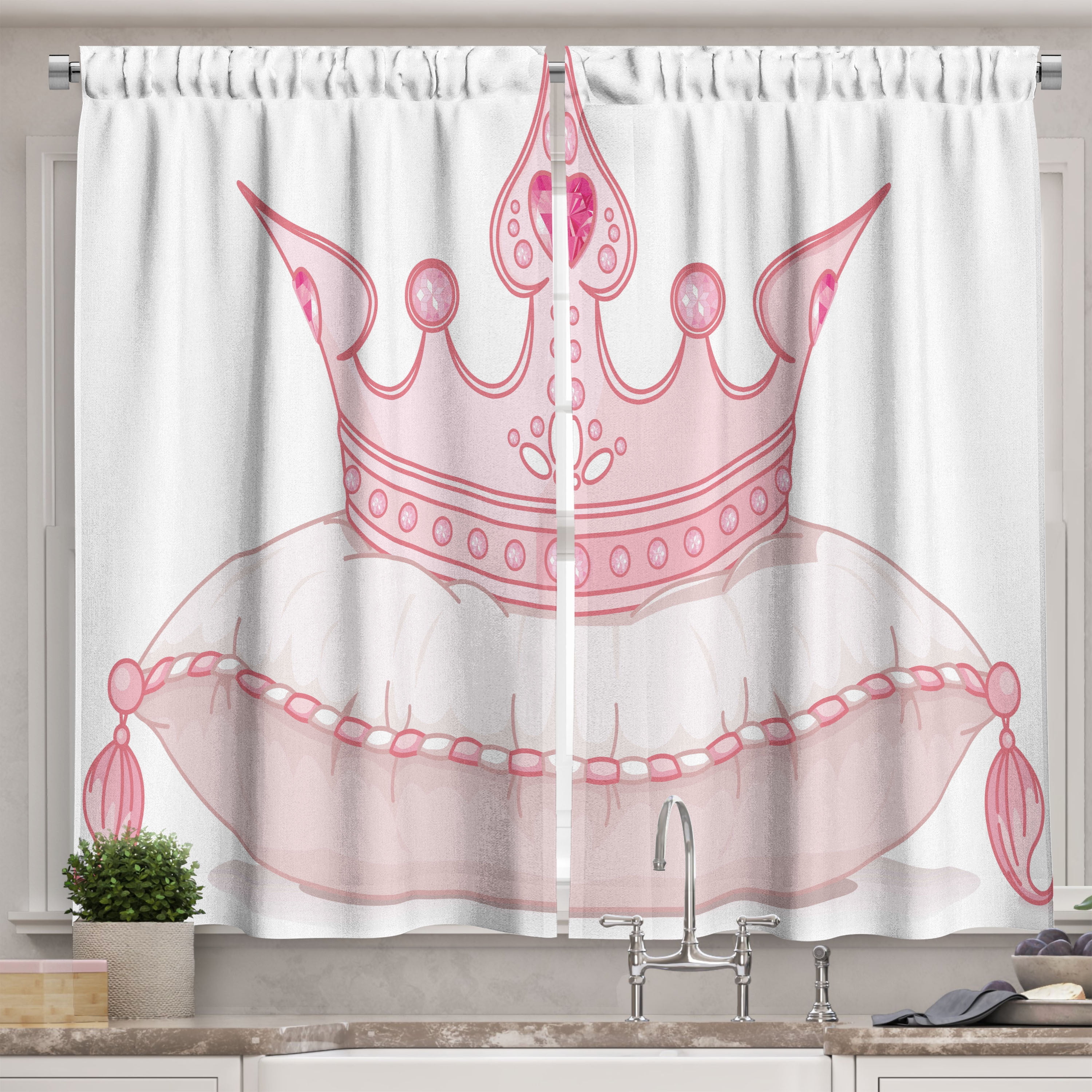 Queen Curtains 2 Panels Set, Cartoon Style Cute Pink Princess Crown on ...