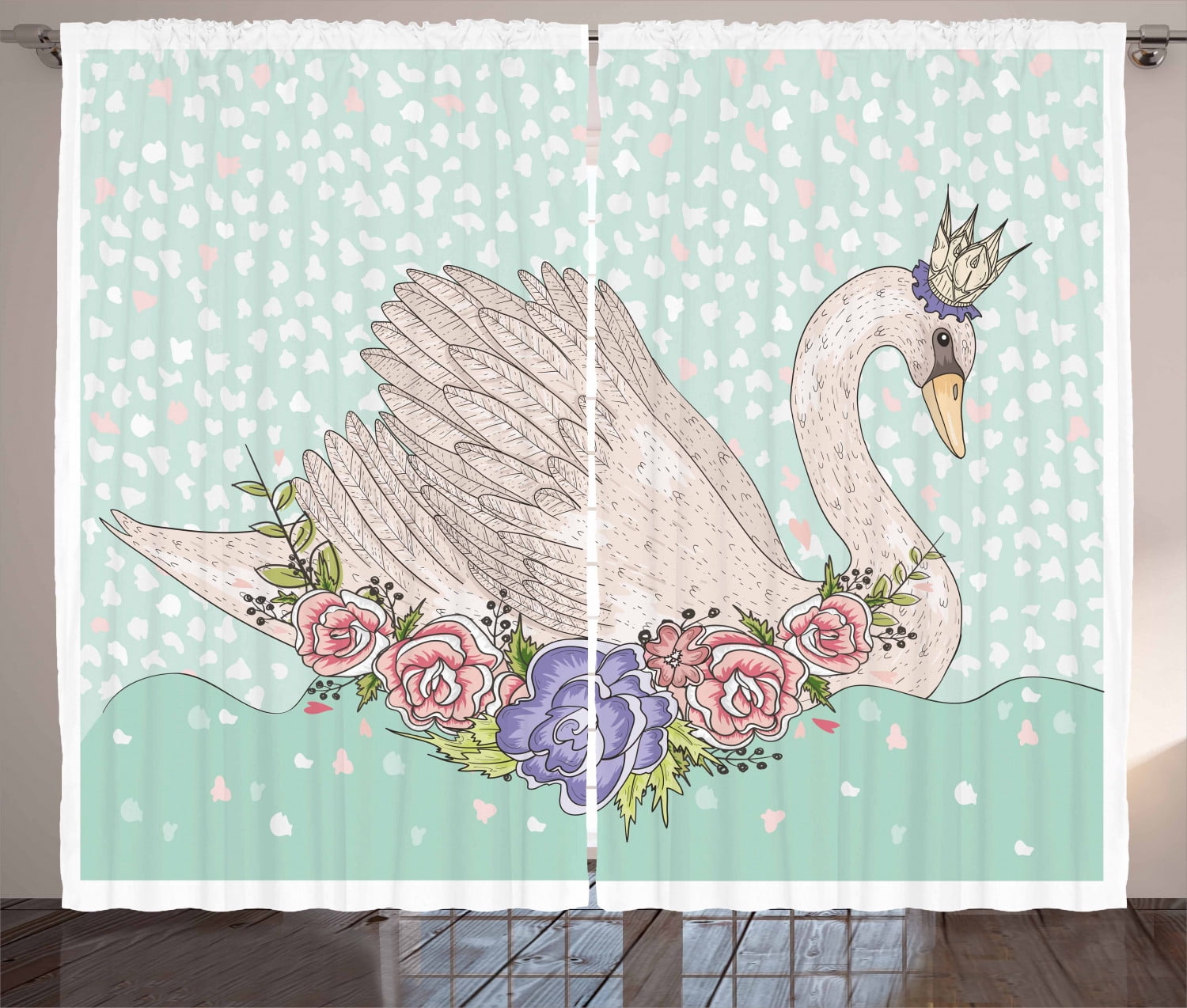 Ambesonne Queen Curtains 2 Panel Set, Cartoon Swan on Water, 108" x 63 ...