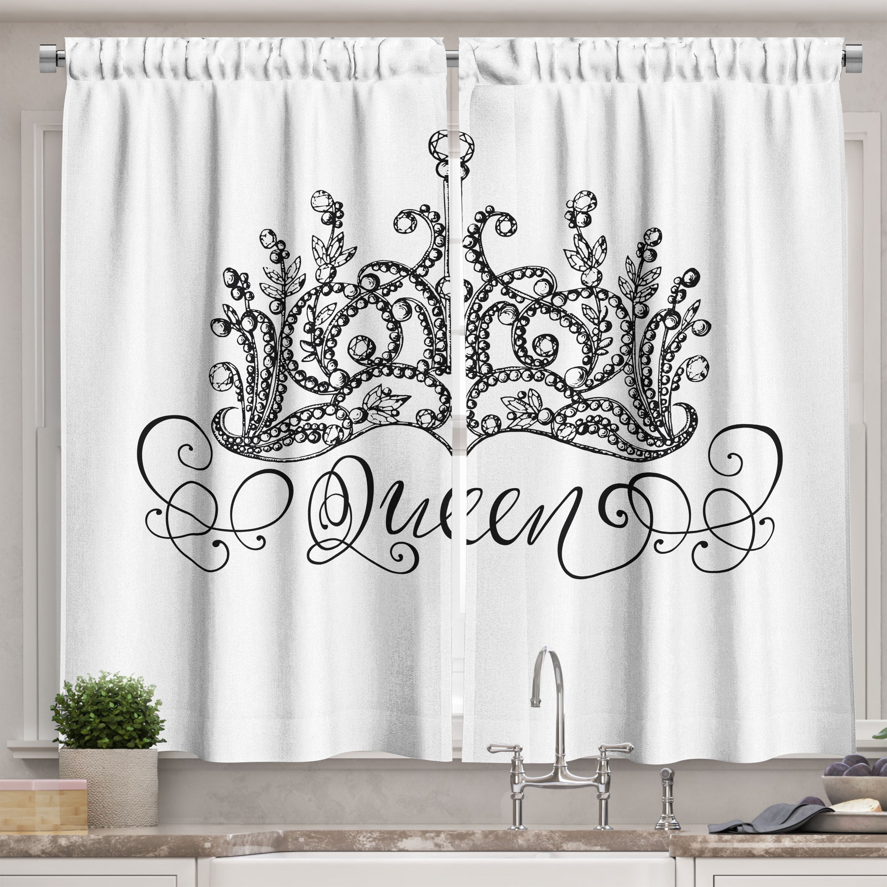 Queen Curtains 2 Panels Set, Hand Drawn Crown with Queen Lettering ...