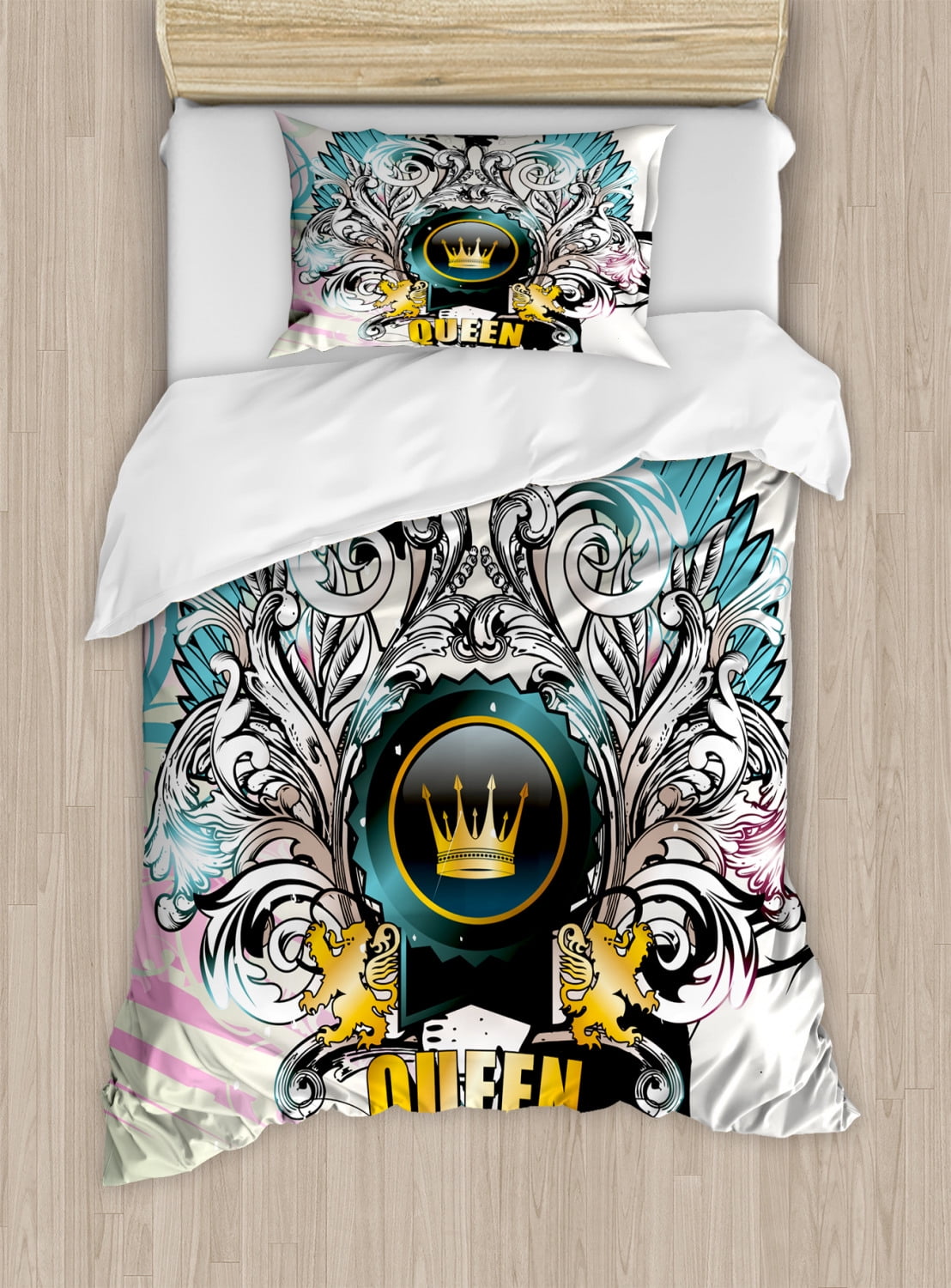 Queen Duvet Cover Set Twin Size, Artistic Design Arms Shield with Crown ...