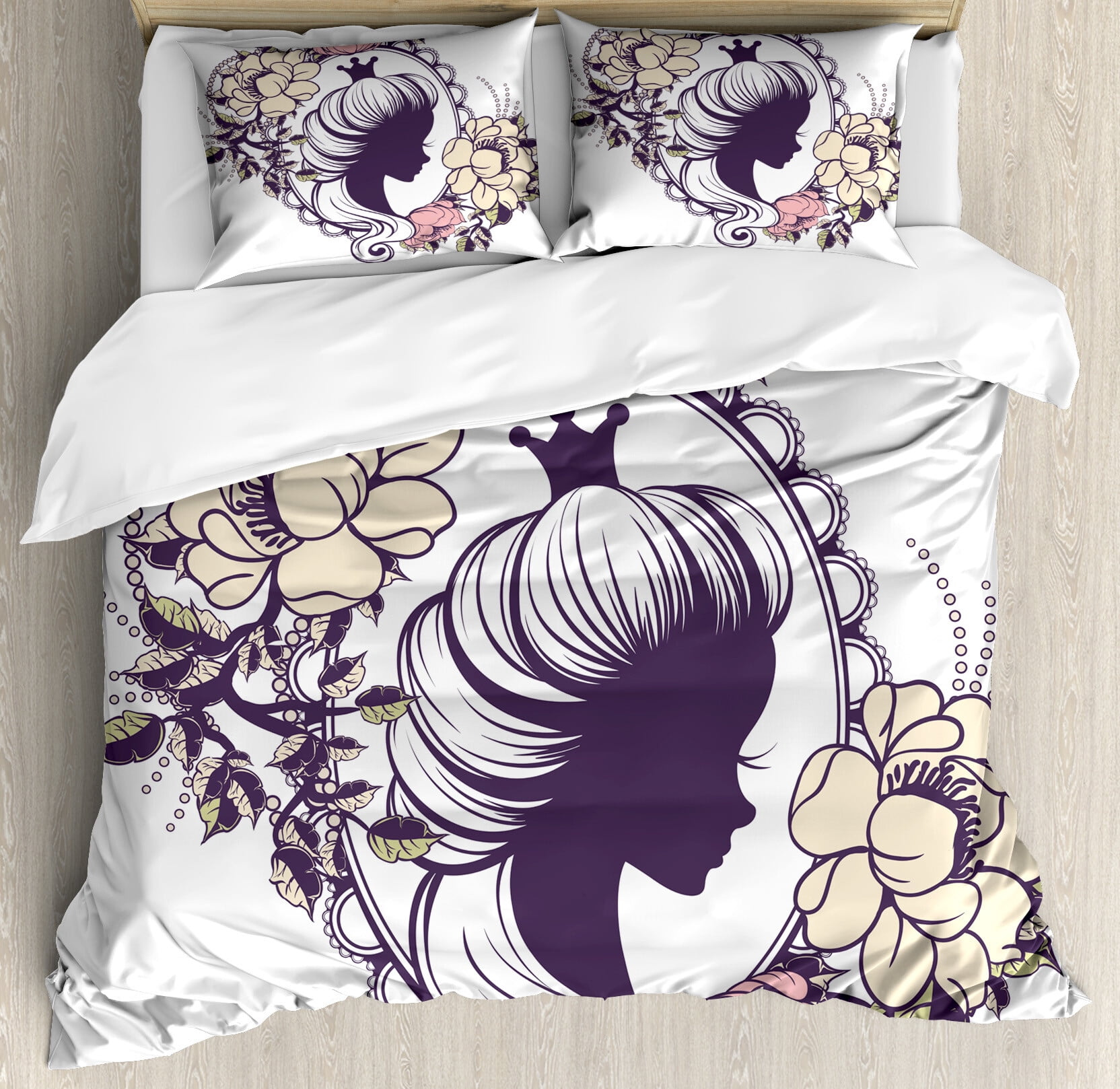Queen Duvet Cover Set, Young Cartoon Portrait Silhouette in Floral ...