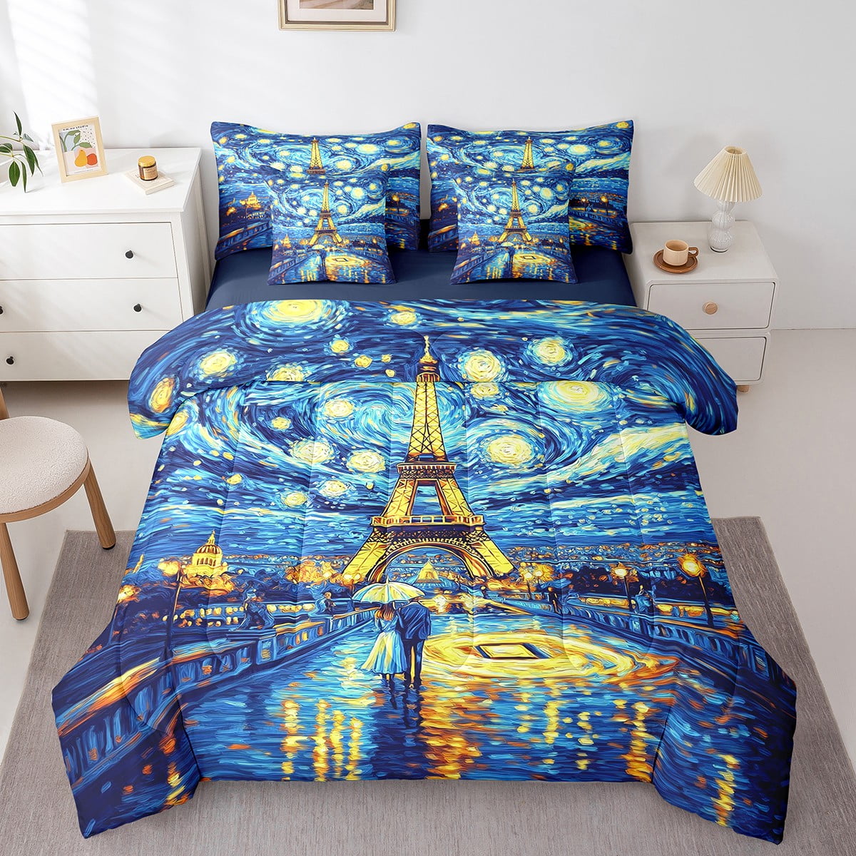 Queen Eiffel Tower Comforter Sets 7-Piece,Starry Night Bedding Set with ...