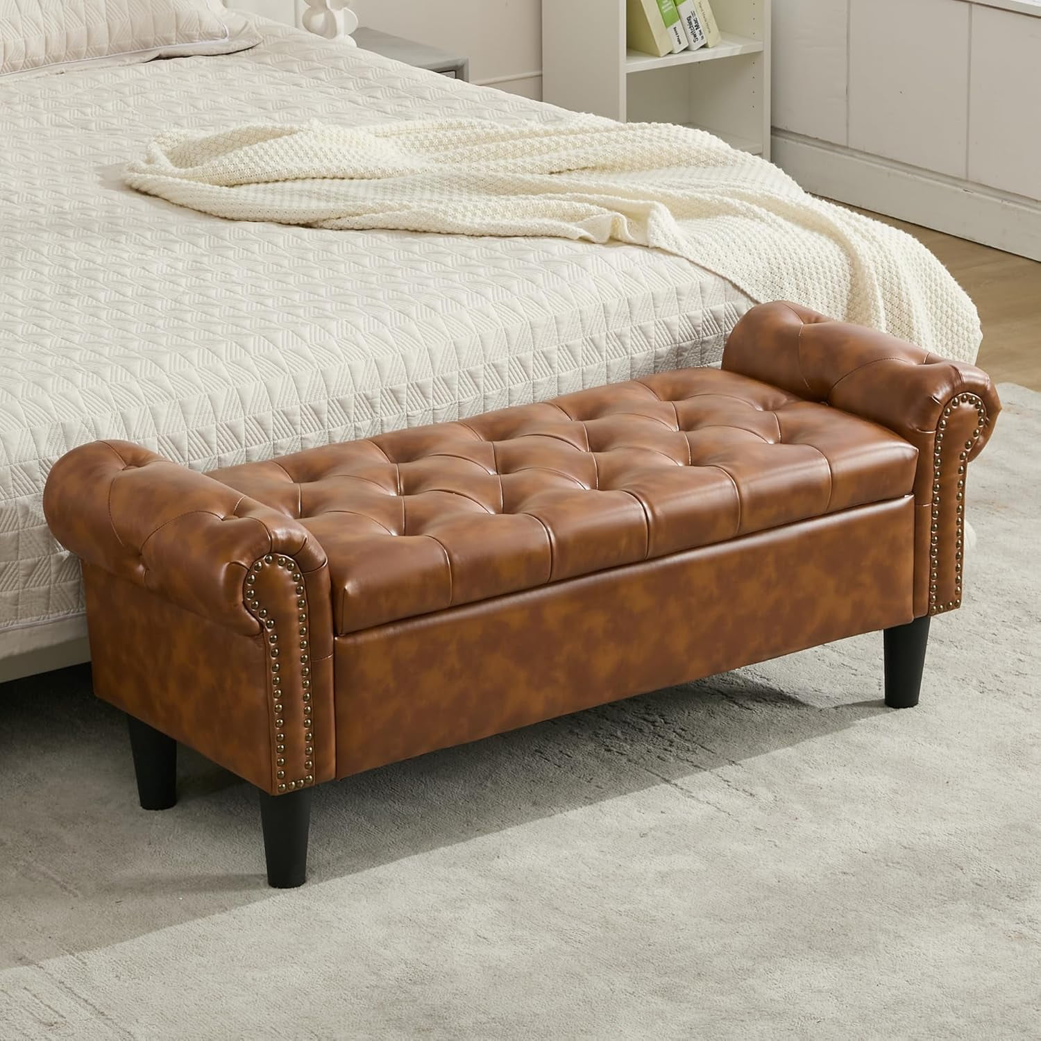 Queen End of Bed with Storage, Faux Leather Tufted Button Upholstered ...
