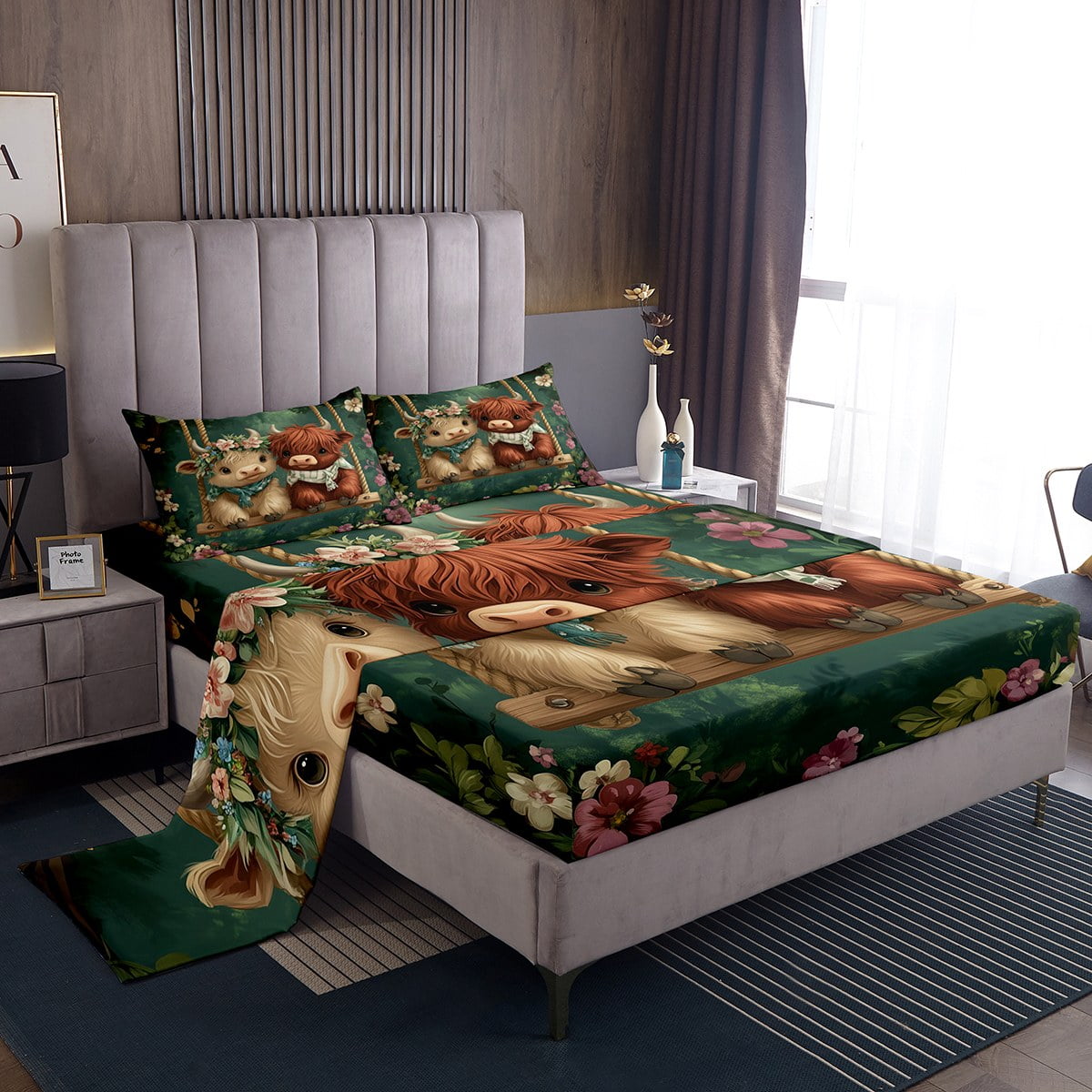 Queen Farmhouse Bed Sheets Set,Highland Cow Sheet Set for Cow,Floral ...