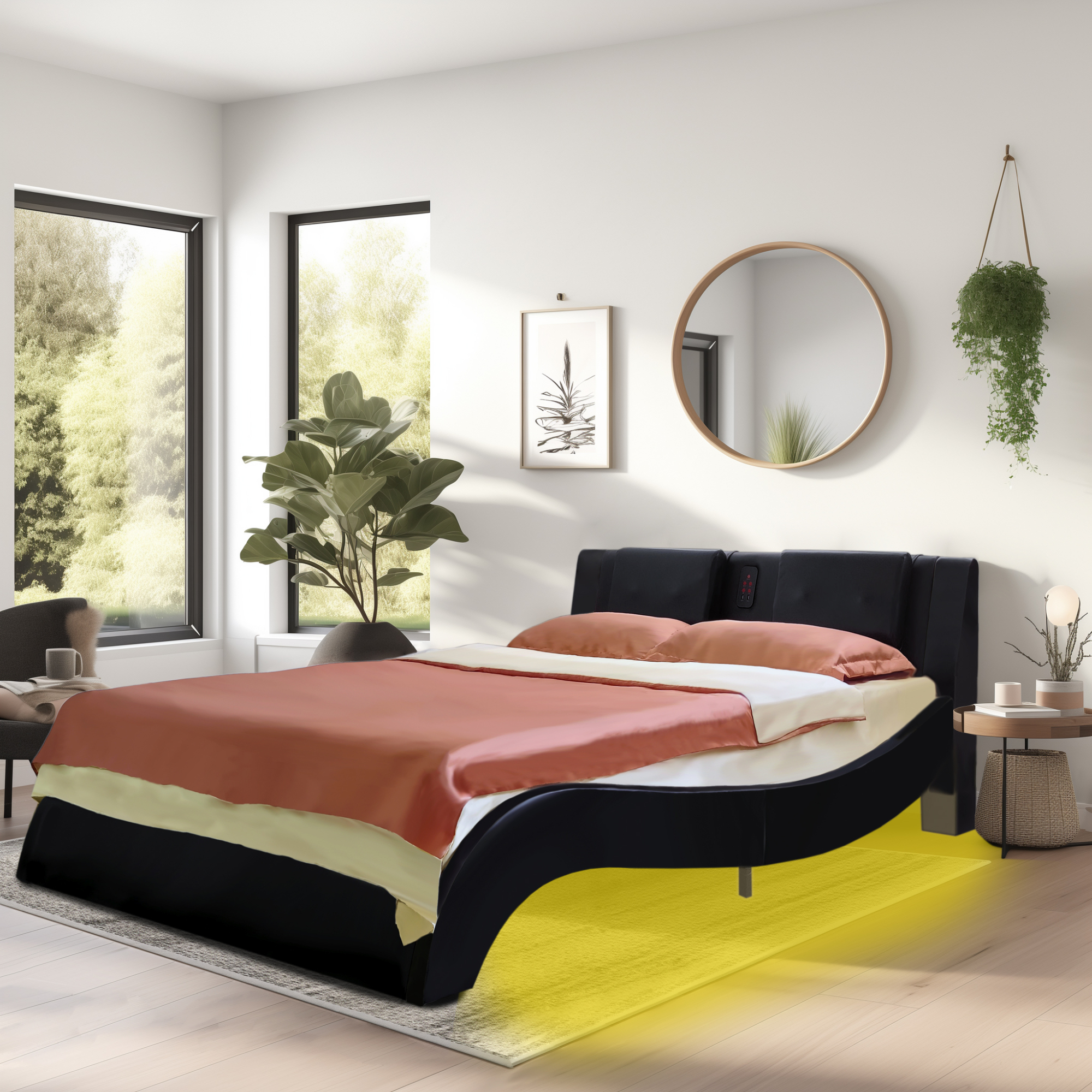 "Queen Faux Leather Curved Platform Bed with LED, Bluetooth Music ...