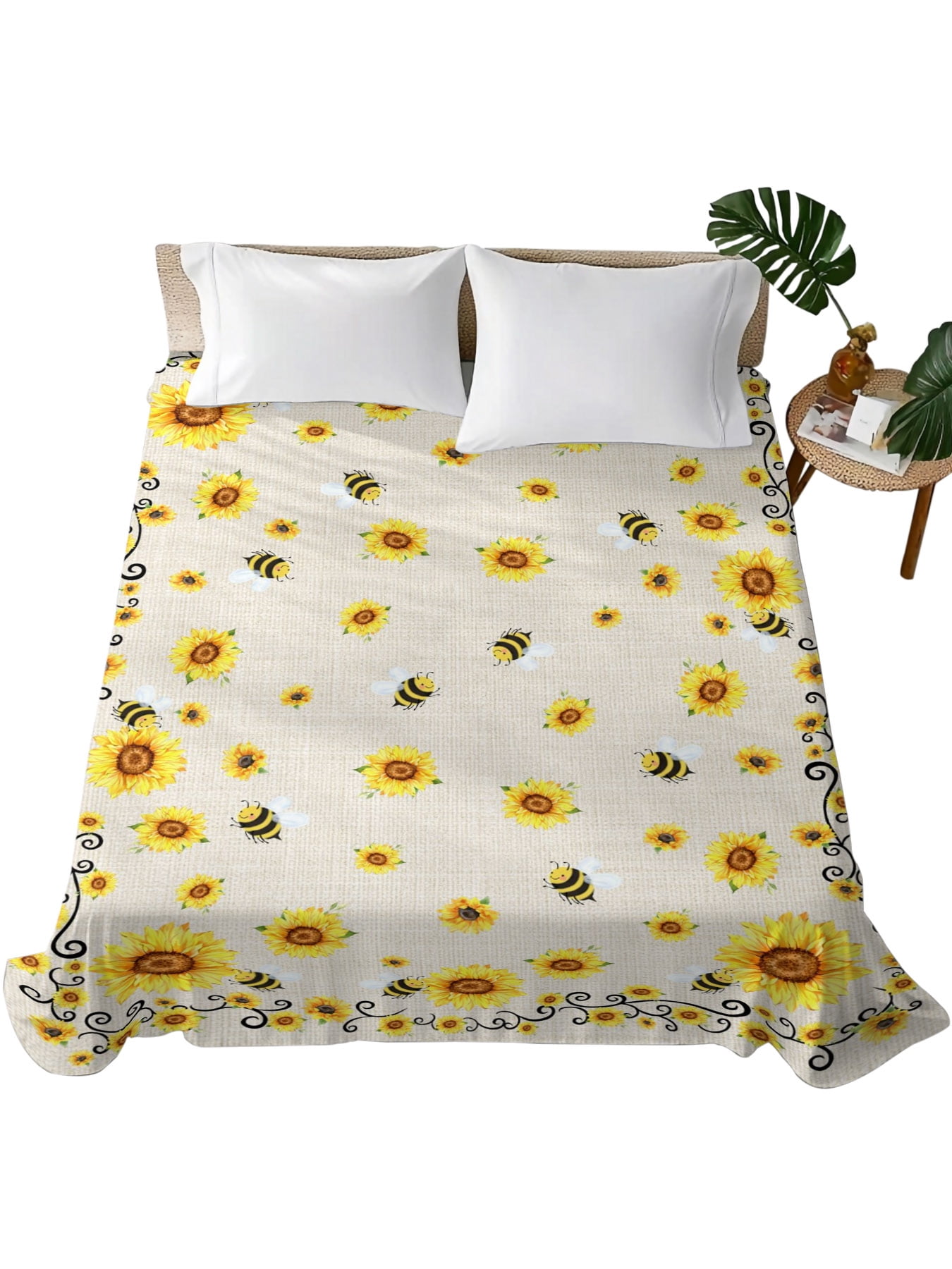Queen Flat Sheet Bee Sunflower Wreath Flat Sheets Only Soft Breathable ...