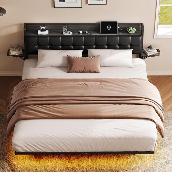 Queen Floating Bed Frame with LED & Charging Station, Ergonomic ...