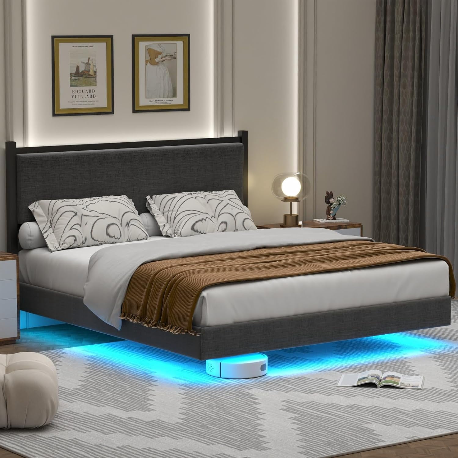 Queen Floating Bed Frame with LED Light, Modern Upholstered Platform ...